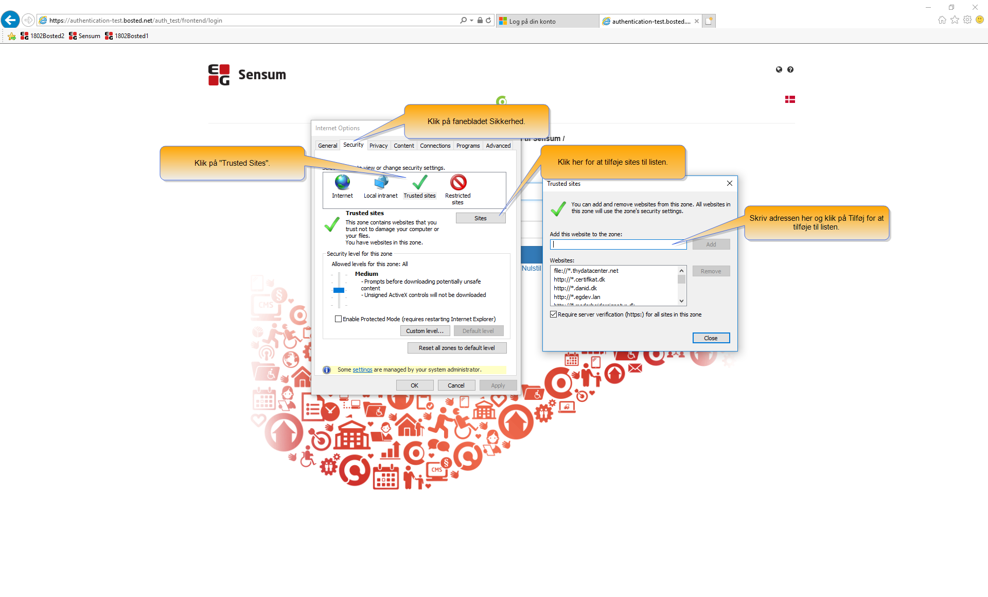 Tilføj dit site som et "trusted site" i Internet Explorer
