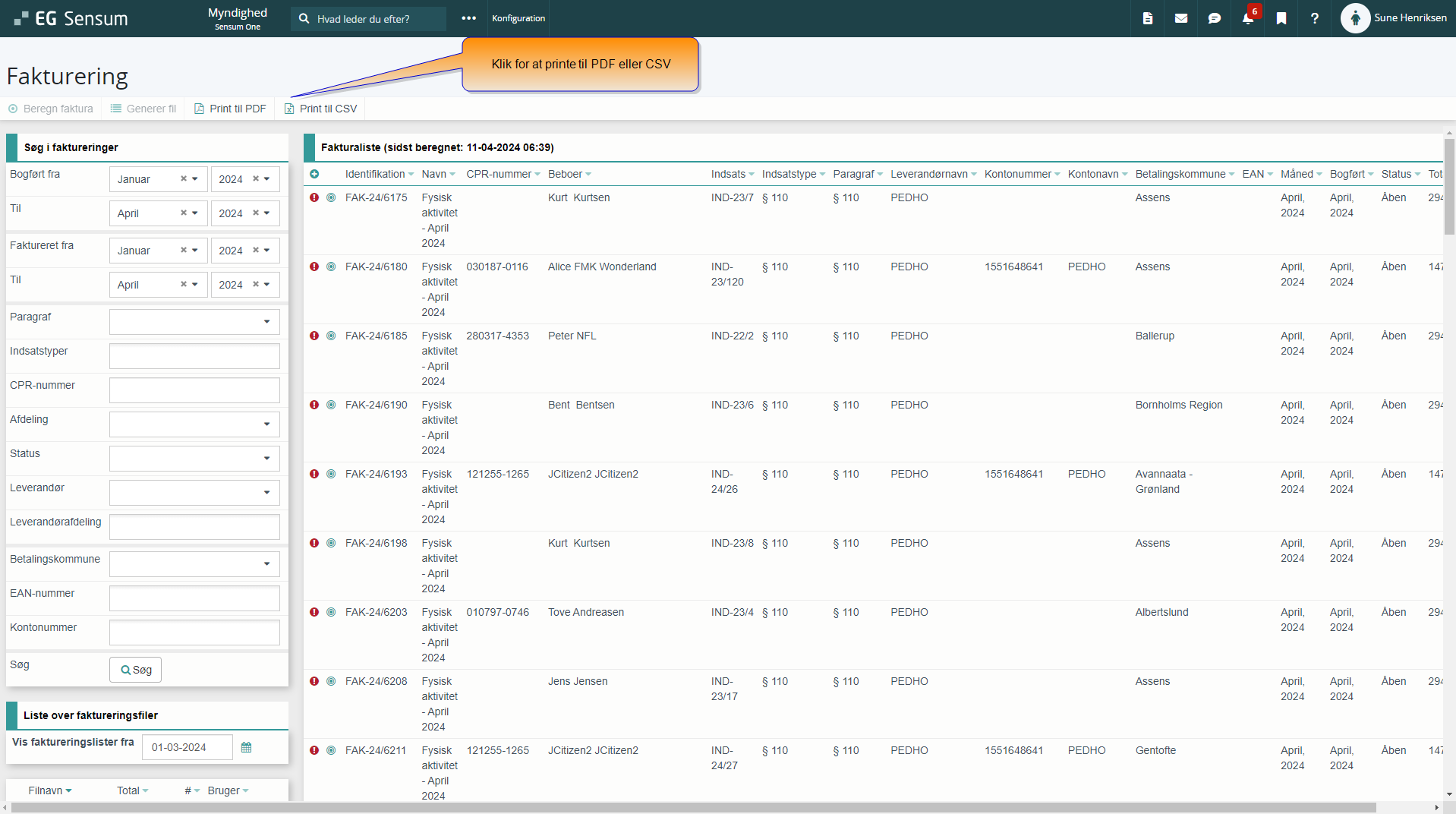 Udskriv liste med fakturaer