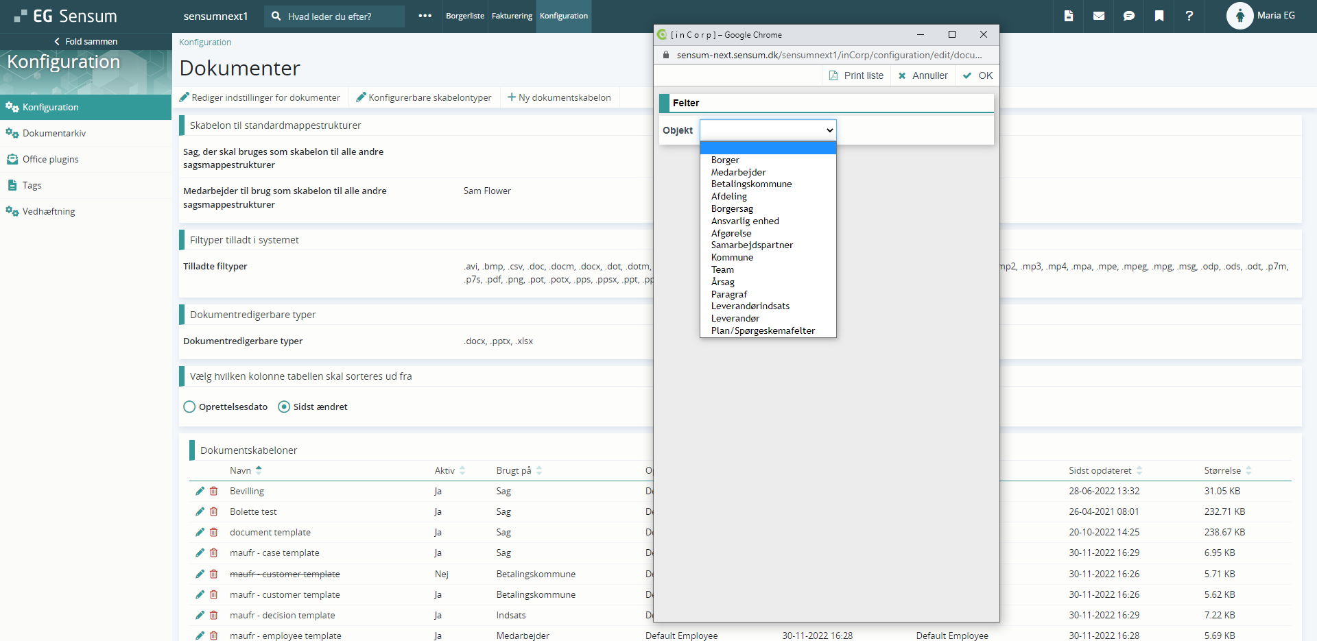 Udskriv liste med felter til dokumentskabeloner