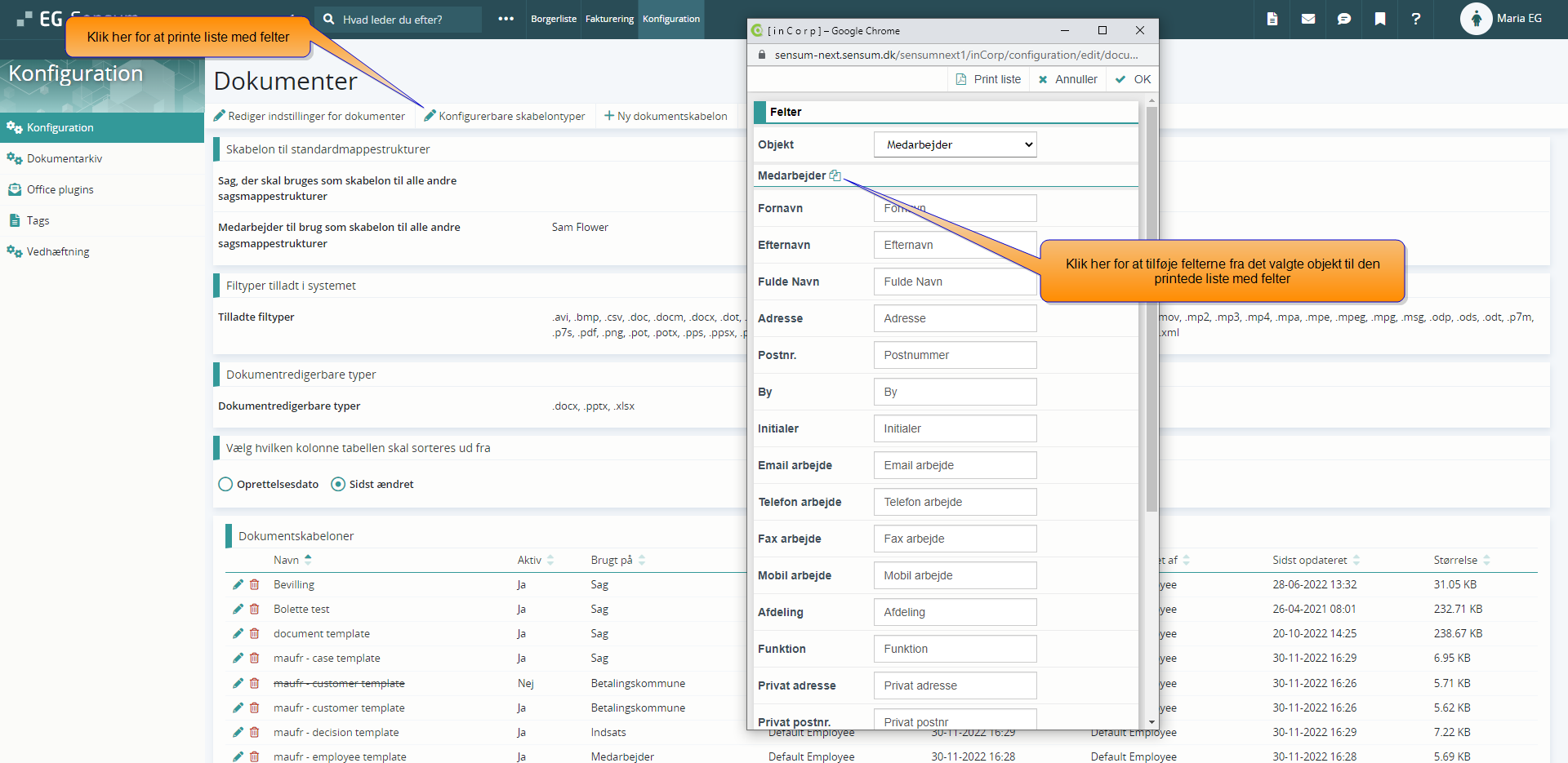 Udskriv liste med felter til dokumentskabeloner