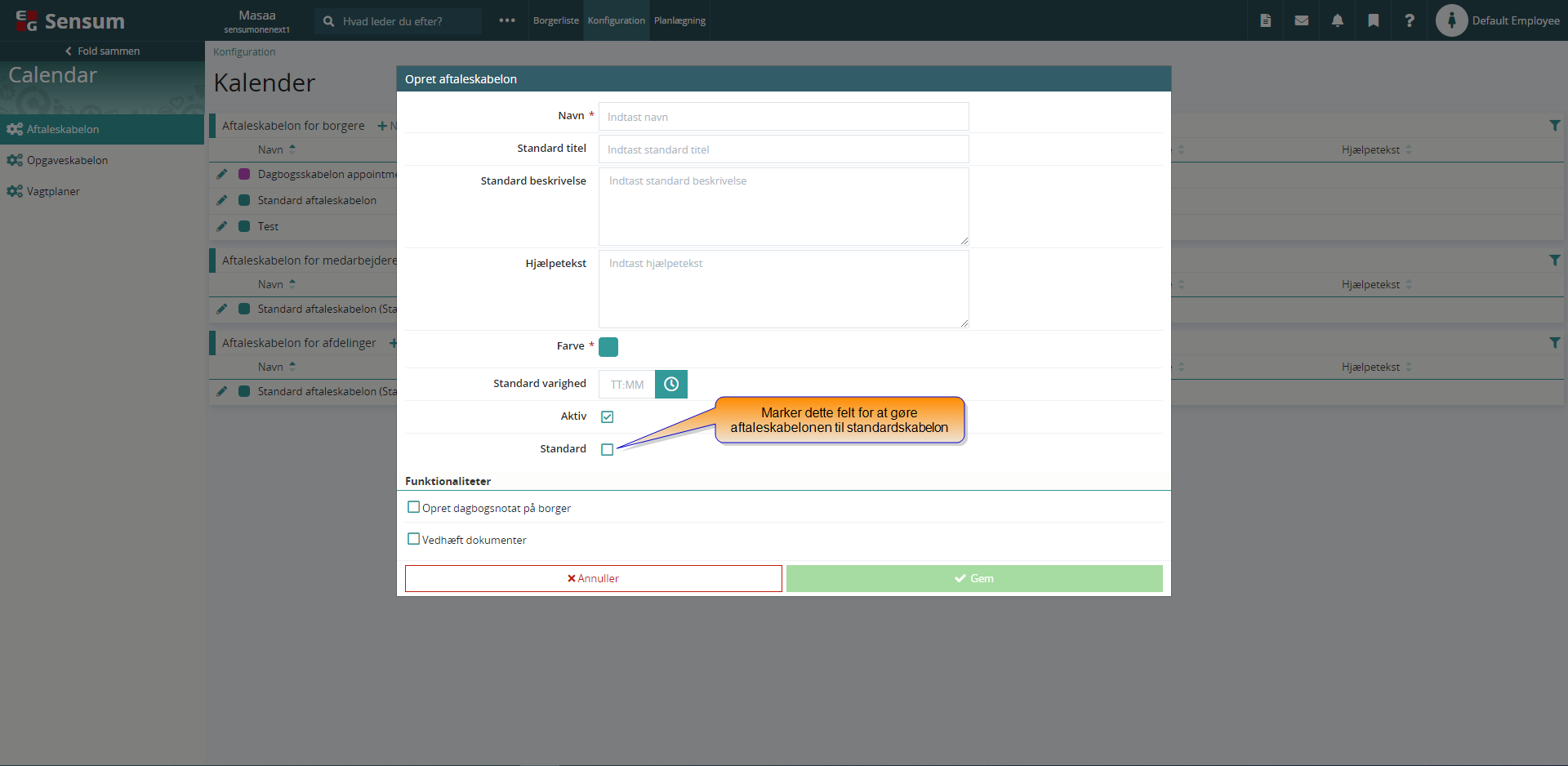 Konfiguration af standardskabelon