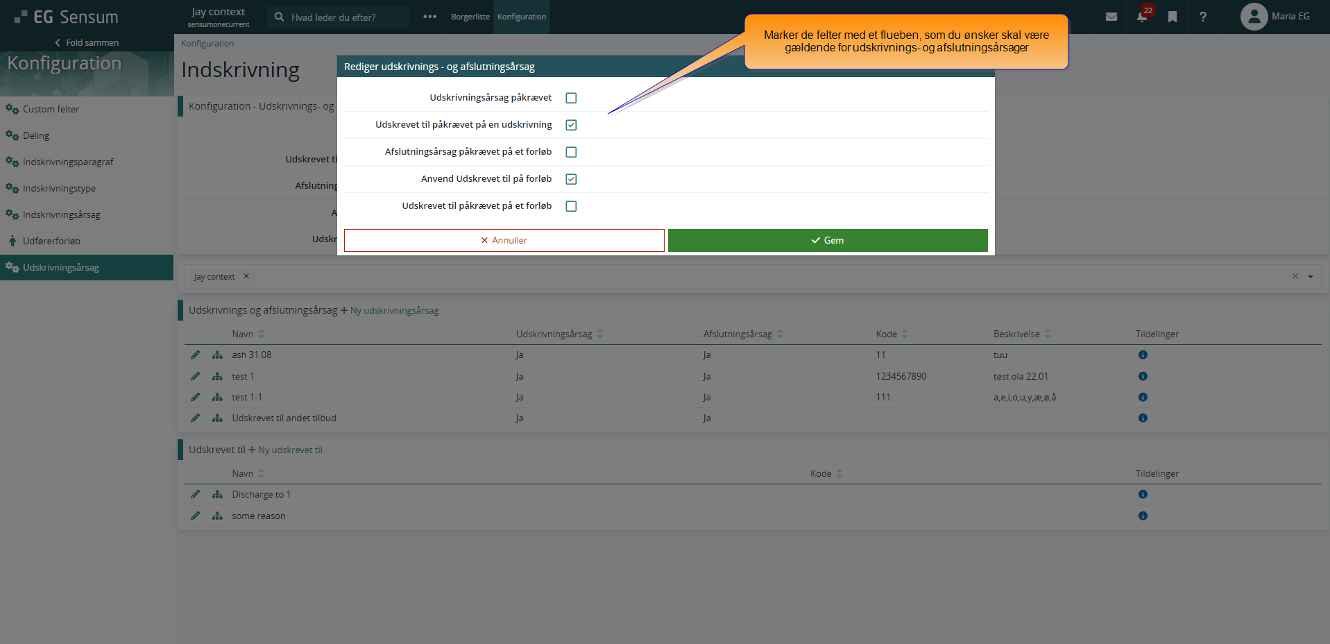 Konfiguration af udskrivnings- og afslutningsårsager